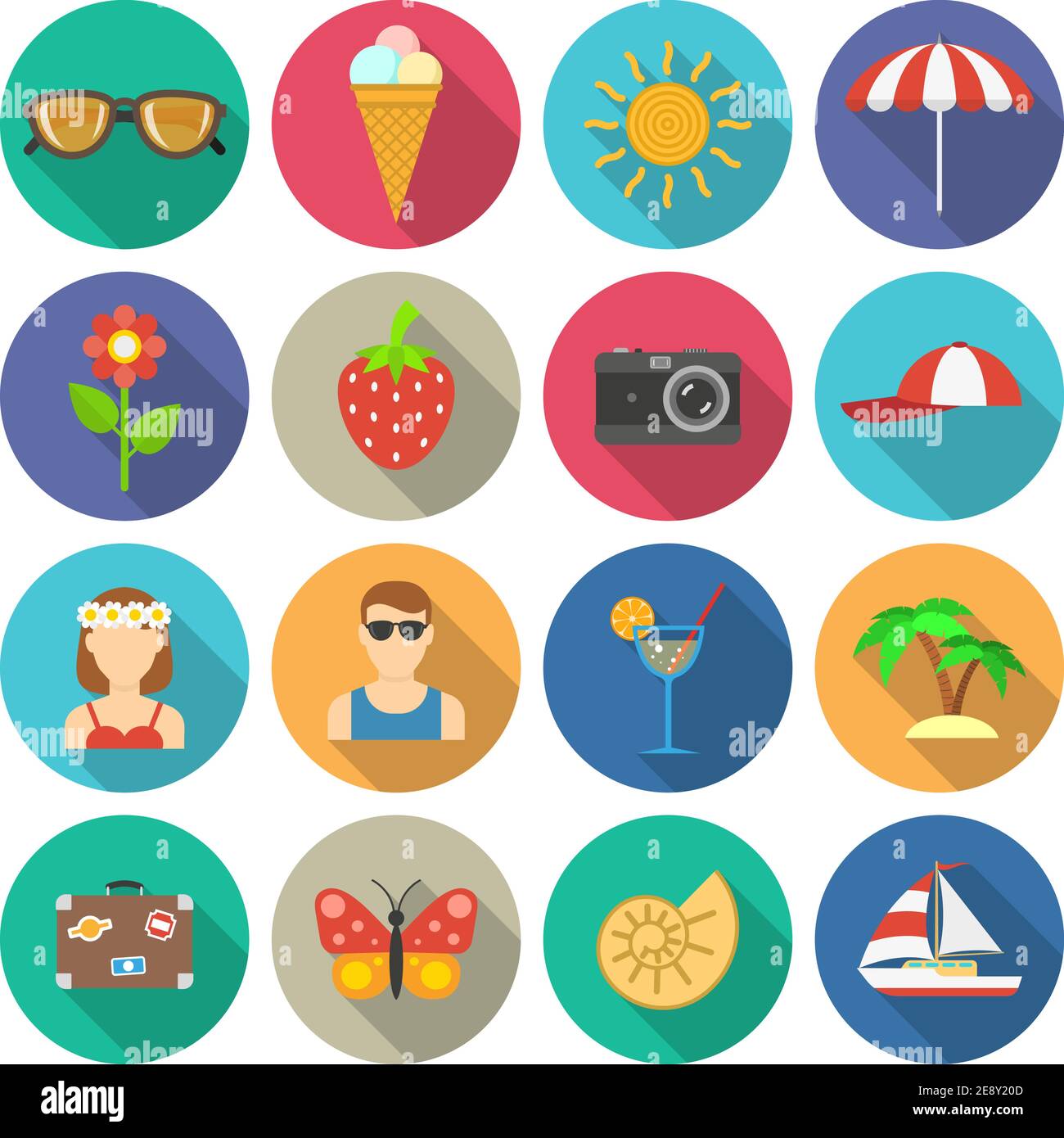 Summer vacations and traveling with sun and sea round shadow icons set ...