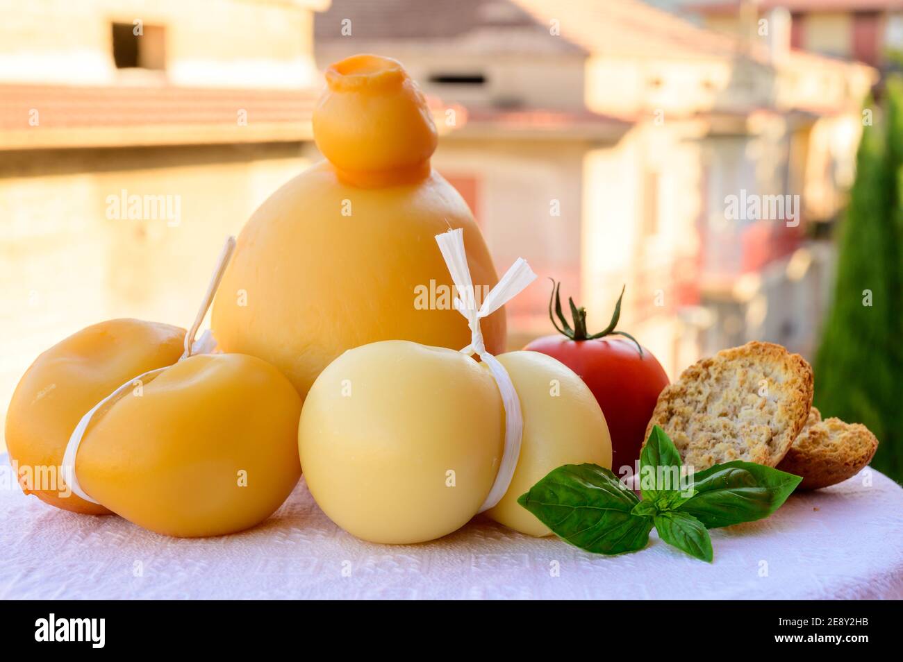 Cheese collection, Italian cheeses provolone, caciocavallo, scamorza ...