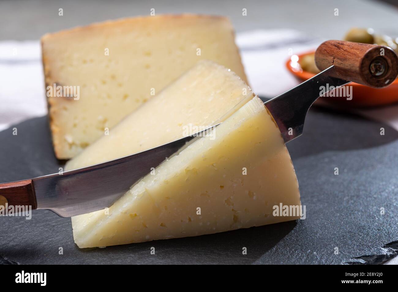 Spanish tapas, manchego cheese made from sheep milk and green olives ...