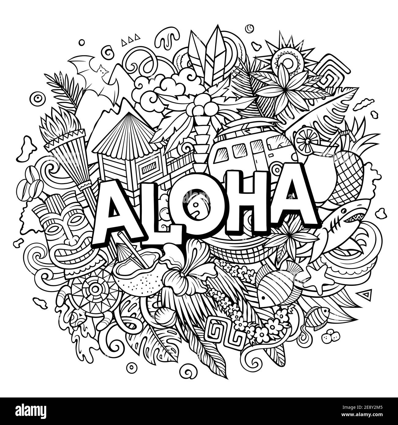 Aloha hand drawn cartoon doodle illustration. Funny Hawaiian design ...