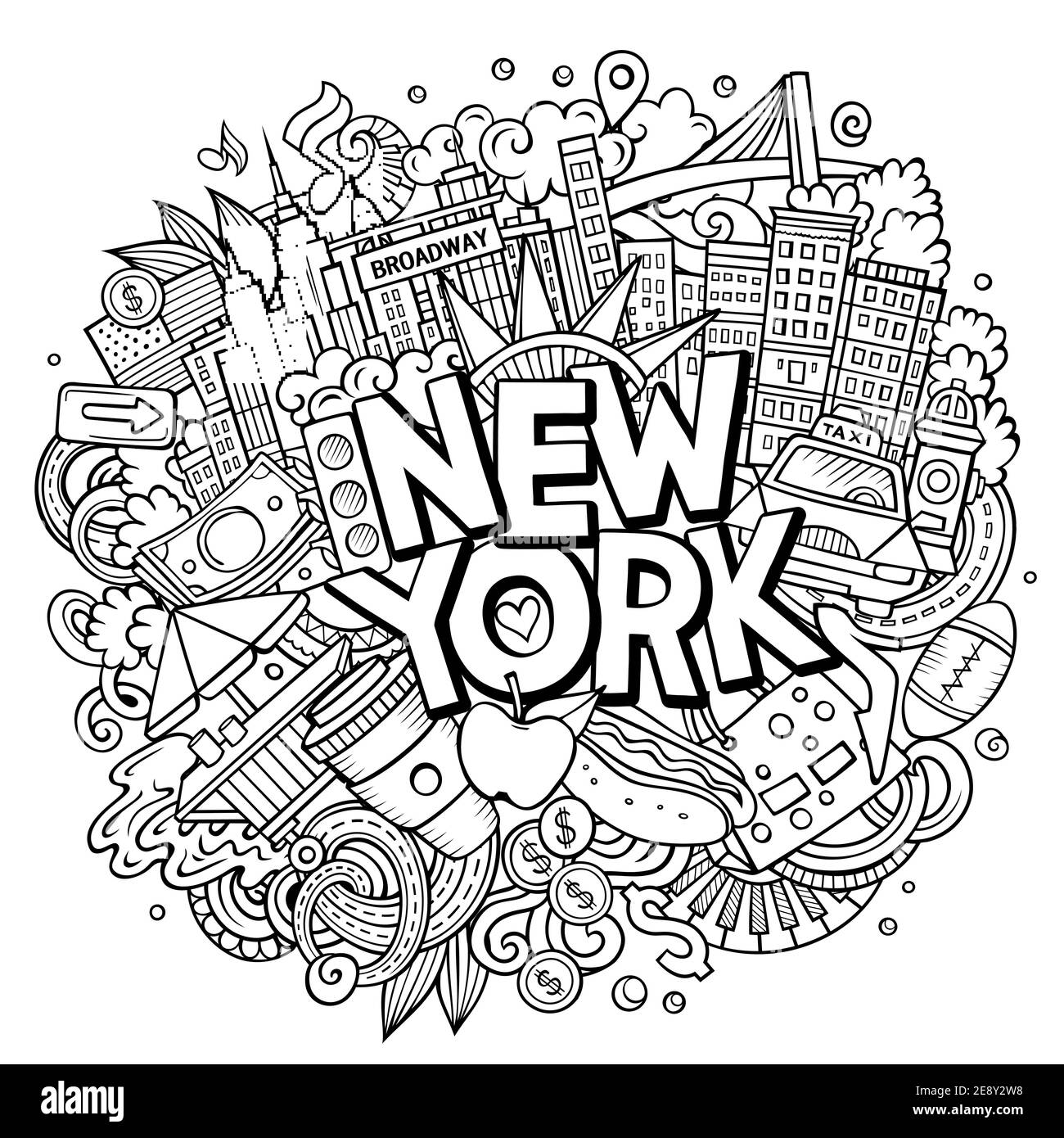 New York hand drawn cartoon doodle illustration. Funny City design ...