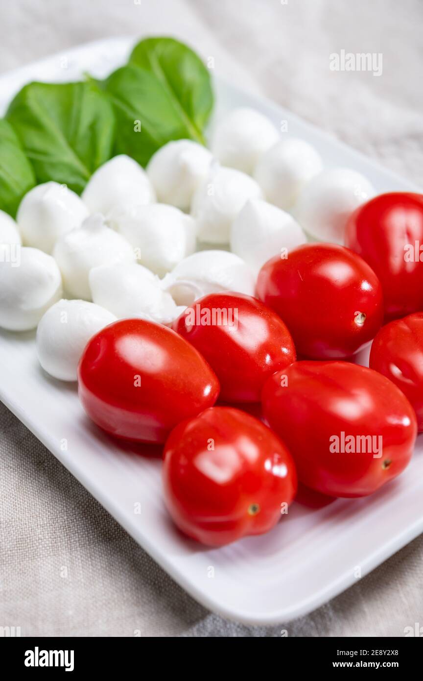 Italian food served as flag of Italy Tricolore with fresh fresh green ...