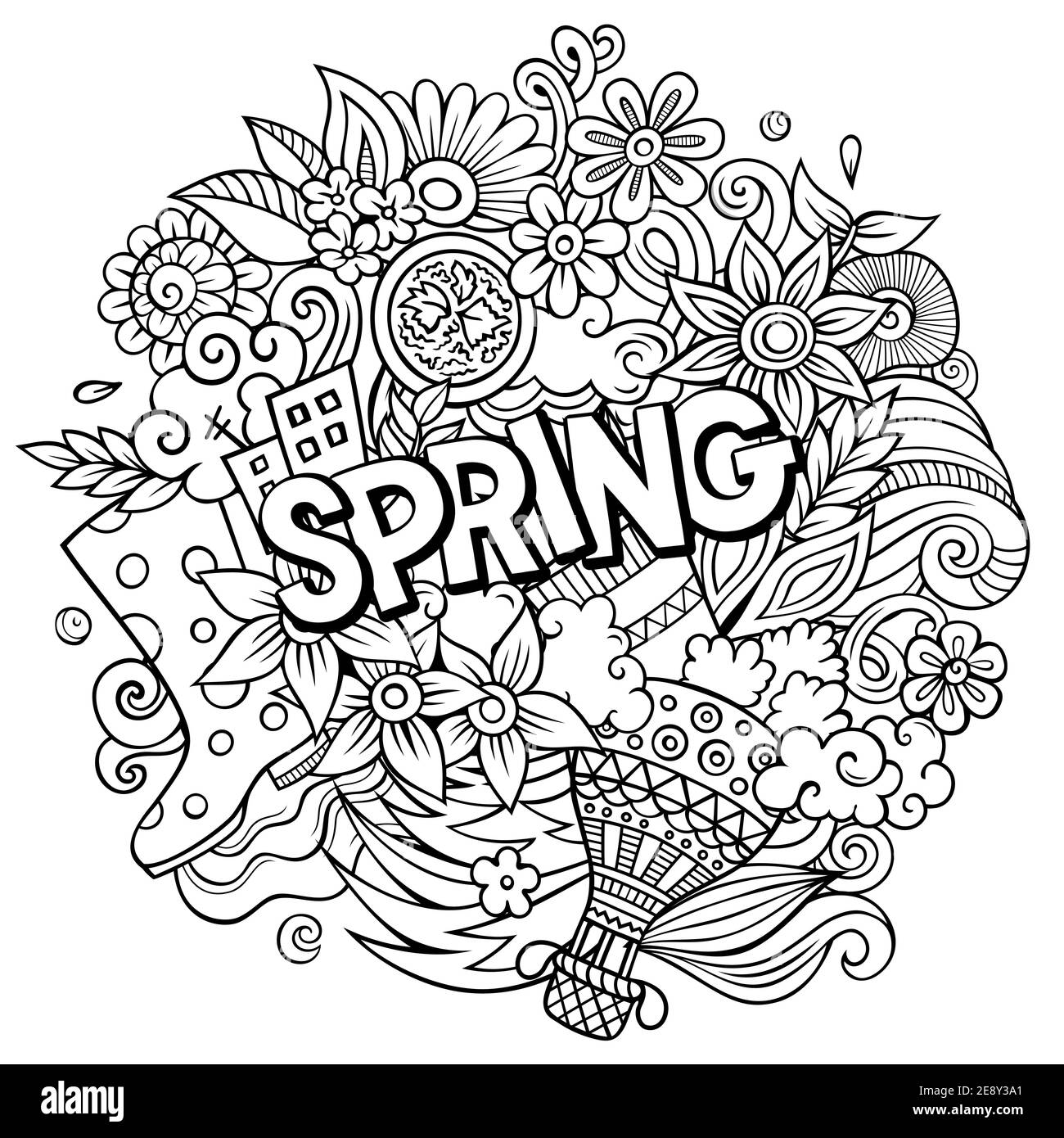 Spring hand drawn cartoon doodles illustration. Funny seasonal design ...