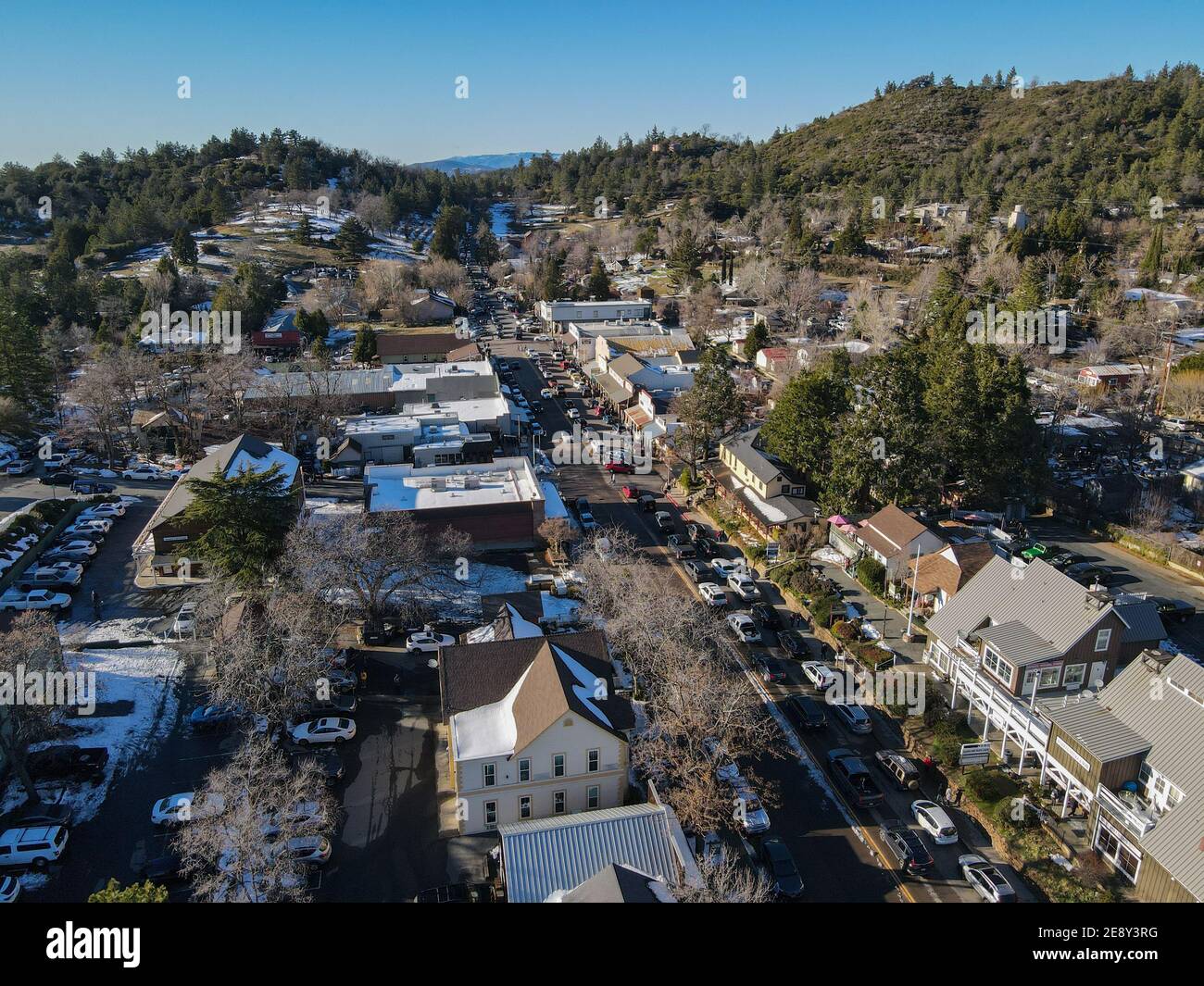 Aerial view of historic Downtown City of Julian during snow day. Famous ...