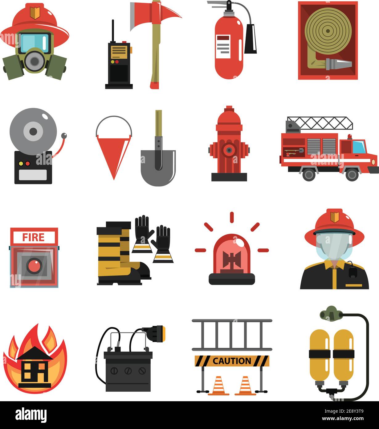 Fire and firefighter equipment icon flat set isolated vector ...