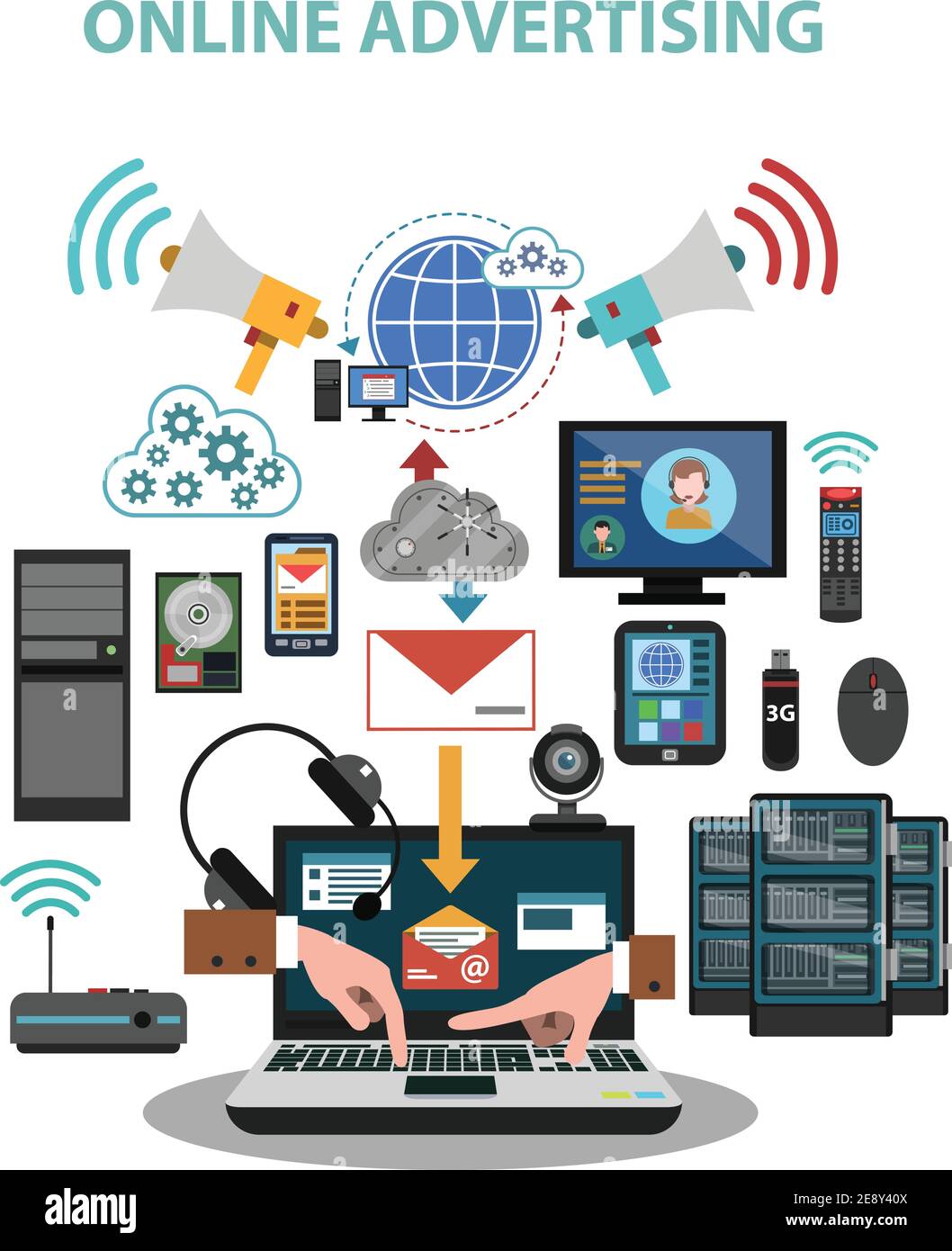 It device concept with laptop and cloud computing flat icons set vector ... It device concept with laptop and cloud computing flat icons set vector ...