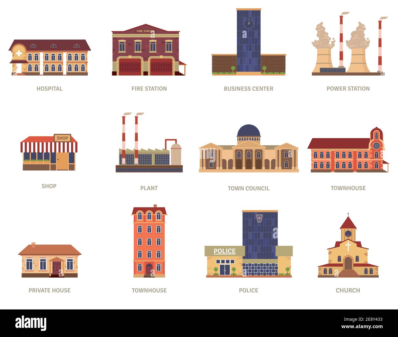 Vintage city buildings of hospital fire station and downtown business ...