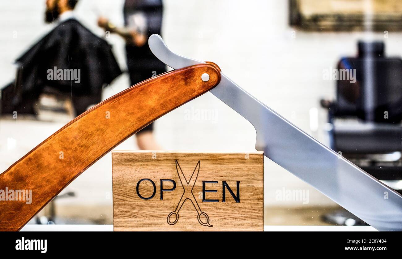 Open barbershop salon. Barbershop salon. Hairdresser or barber. Man ...