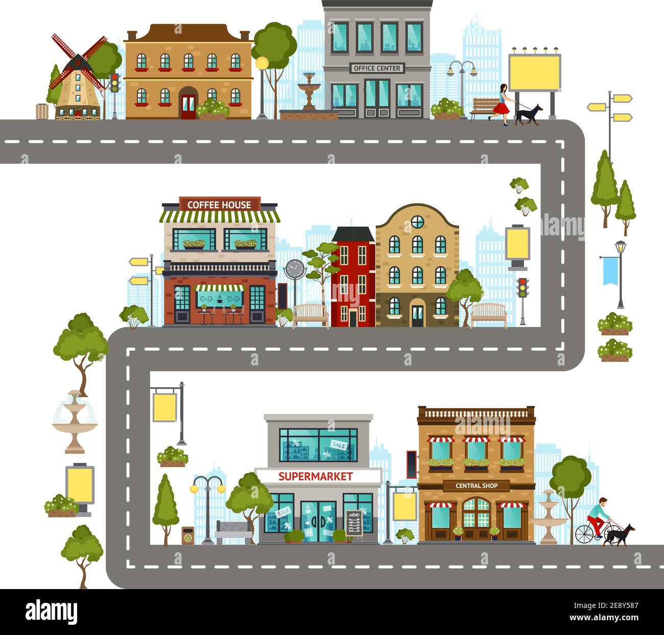 City street concept with different buildings and landscape elements ...