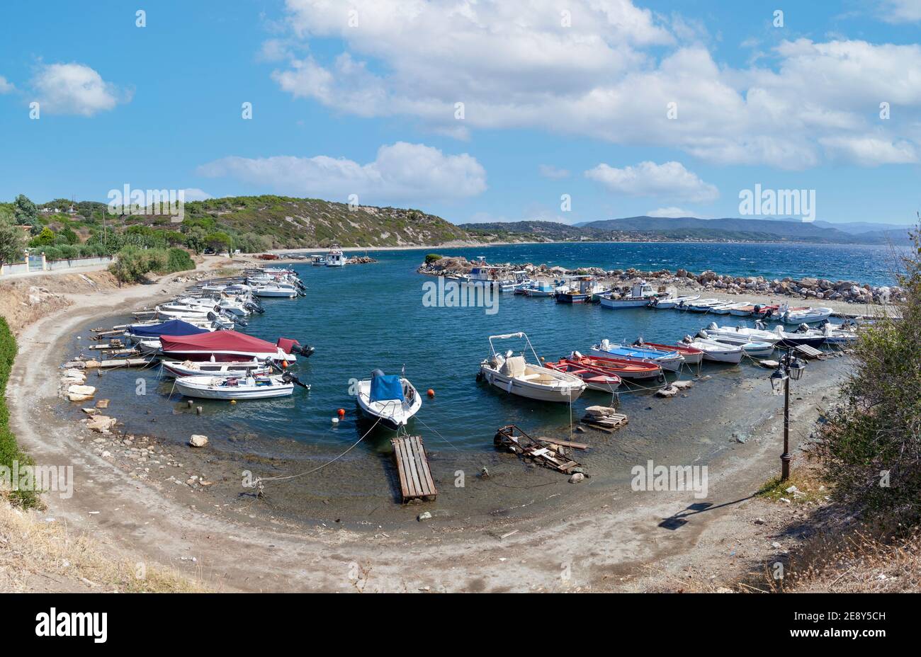 The fishing port of Agios Fokas, near the coastal village of Vatera, in ...