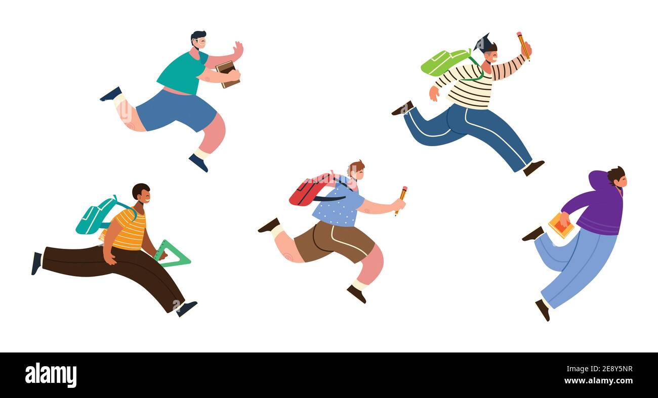 back to school male students with a rucksacks running vector ...