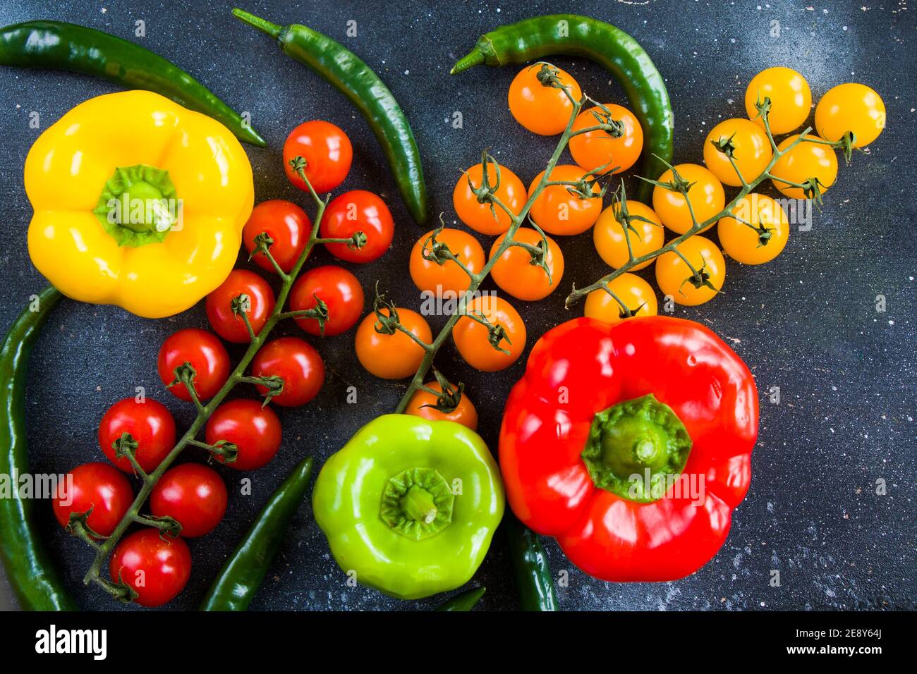 All color bell pepper, green spacy pepper and cherry tomatoes, colorful ...