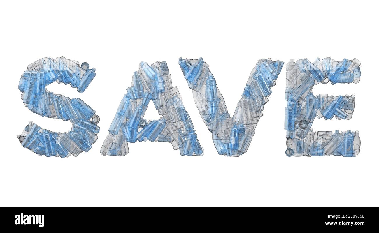 Save word spelt out in empty plastic bottle font. 3D Rendering Stock ...