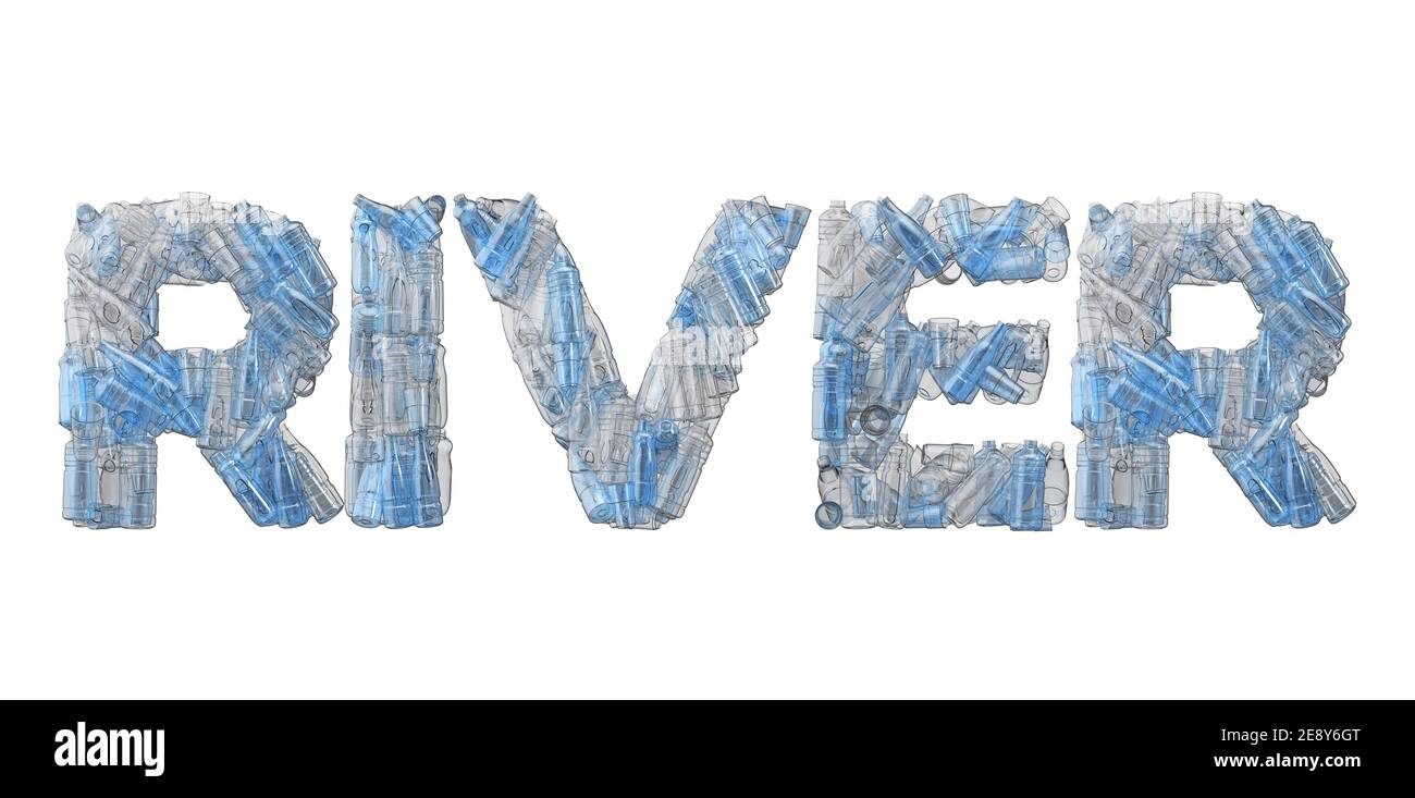 River word spelt out in empty plastic bottle font. 3D Rendering Stock ...