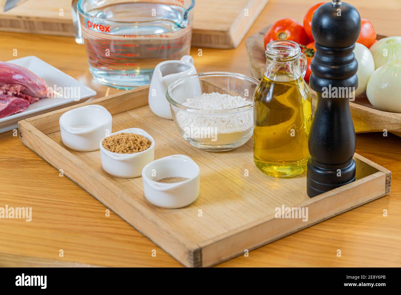 Food ingredients on the oak table closeup shot Stock Photo - Alamy
