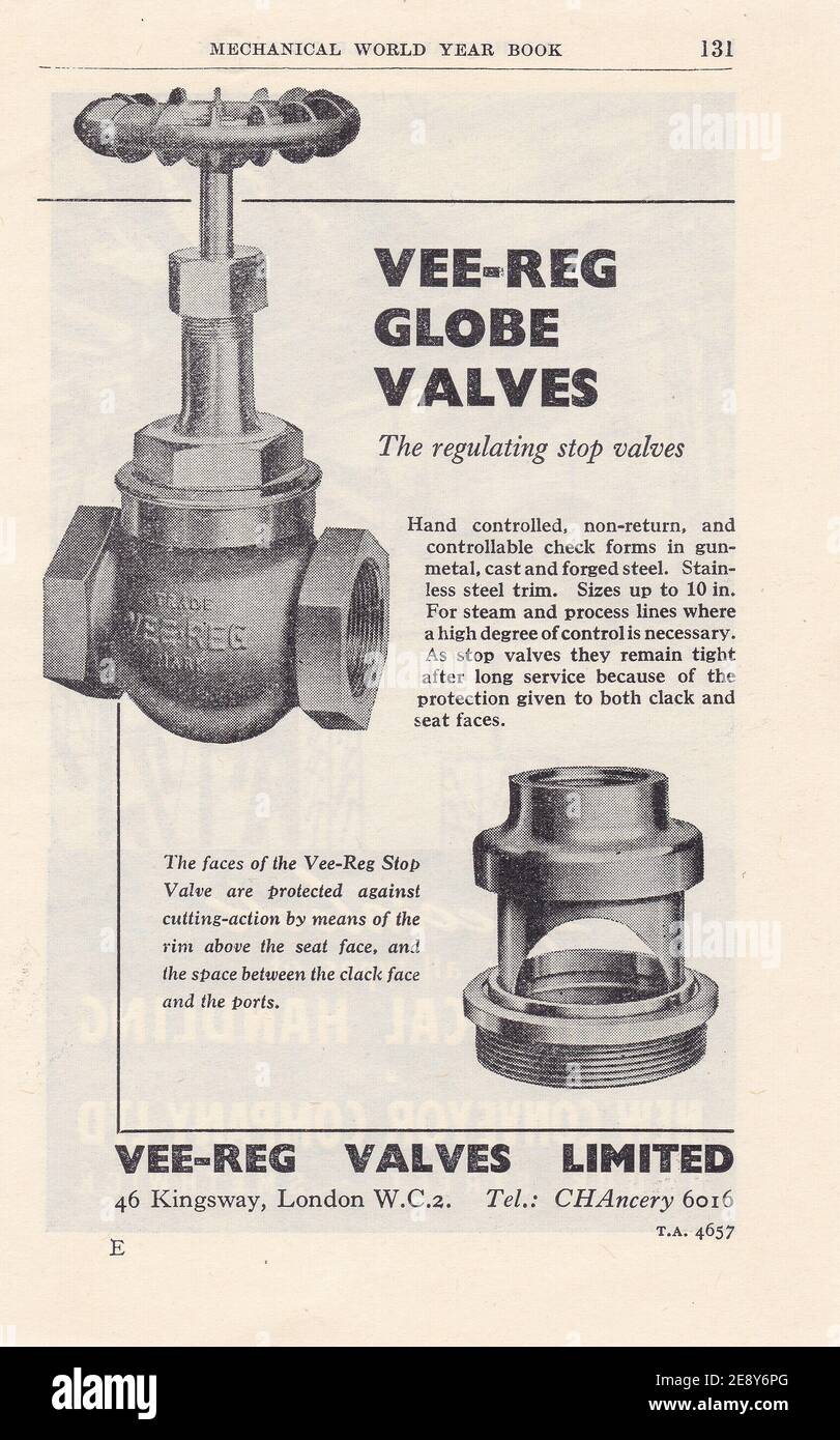 Vintage advert for Vee-Reg Valves Limited Stock Photo - Alamy