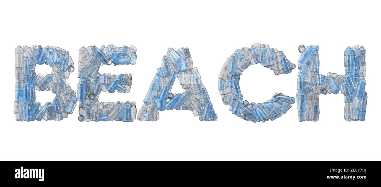 Beach word spelt out in empty plastic bottle font. 3D Rendering Stock ...