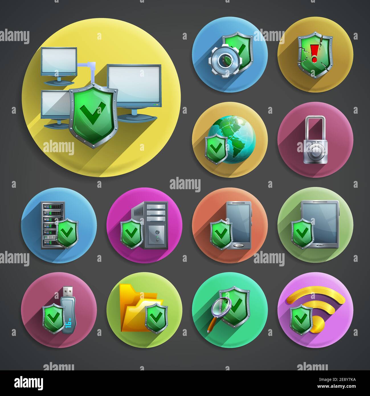 Data protection and computer security cartoon round icons set with ...