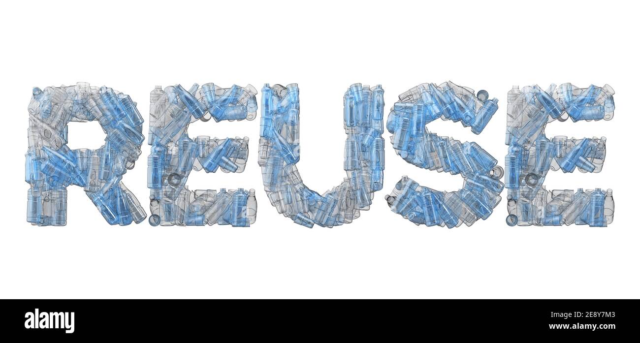 Reuse word spelt out in empty plastic bottle font. 3D Rendering Stock ...