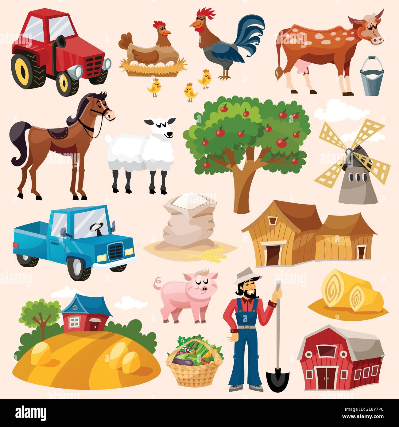 Farm decorative icon set with windmill cow pig and farmer cartoon ...