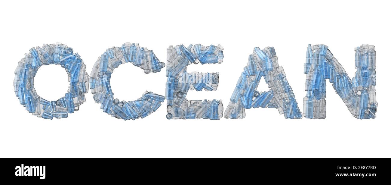 Ocean word spelt out in empty plastic bottle font. 3D Rendering Stock ...