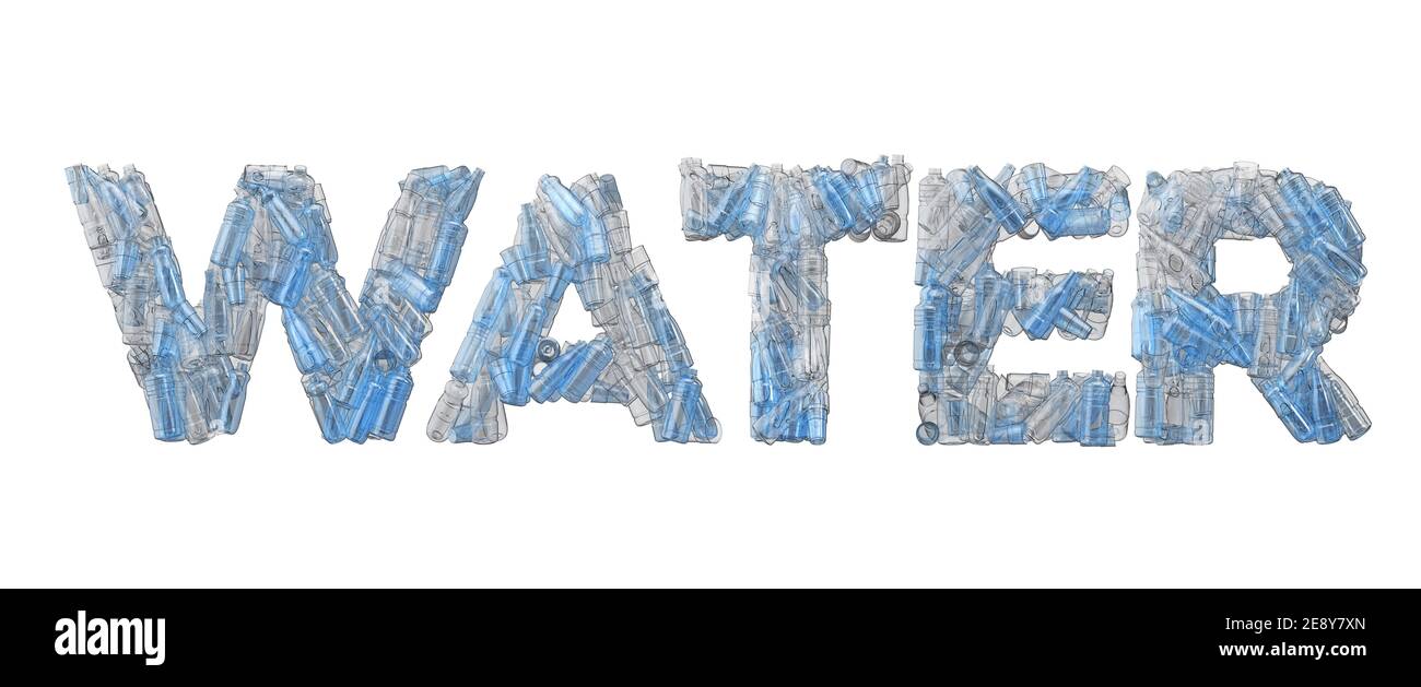 Water word spelt out in empty plastic bottle font. 3D Rendering Stock ...