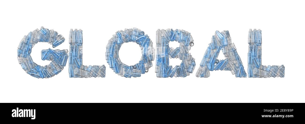 Global word spelt out in empty plastic bottle font. 3D Rendering Stock ...