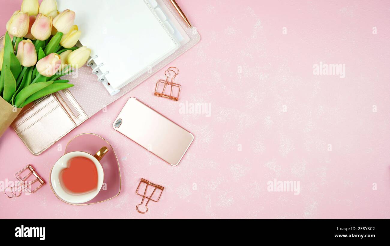 Springtime pink theme desktop workspace with mockups on stylish ...