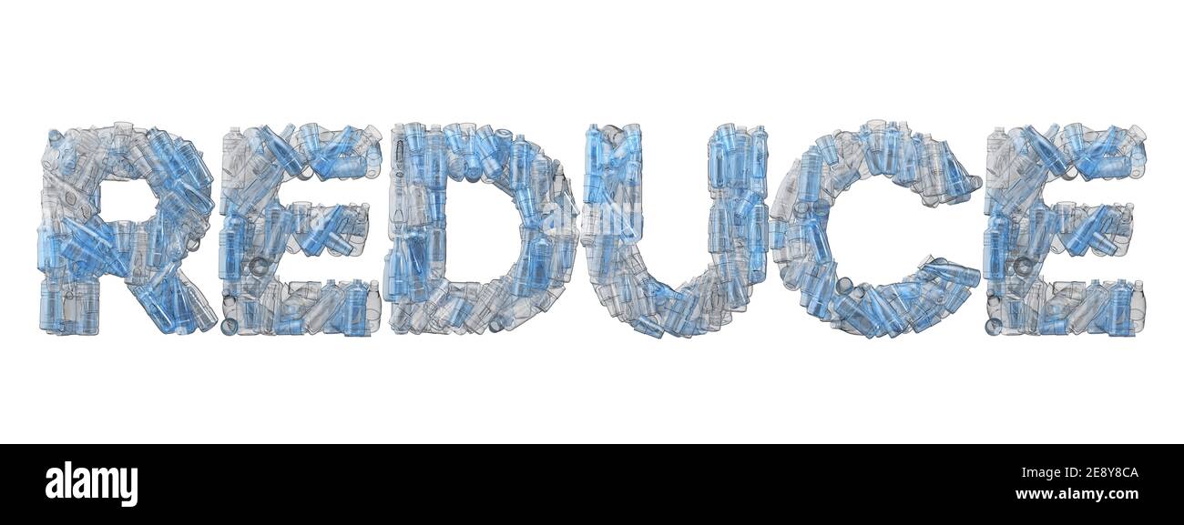 Reduce word spelt out in empty plastic bottle font. 3D Rendering Stock ...