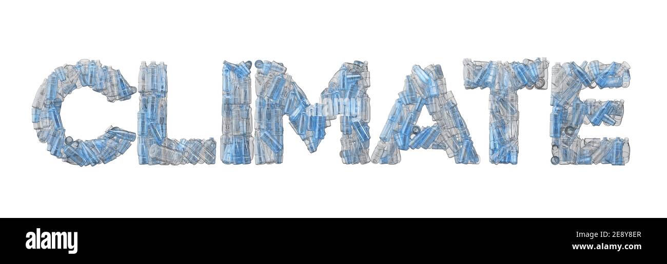Climate word spelt out in empty plastic bottle font. 3D Rendering Stock ...