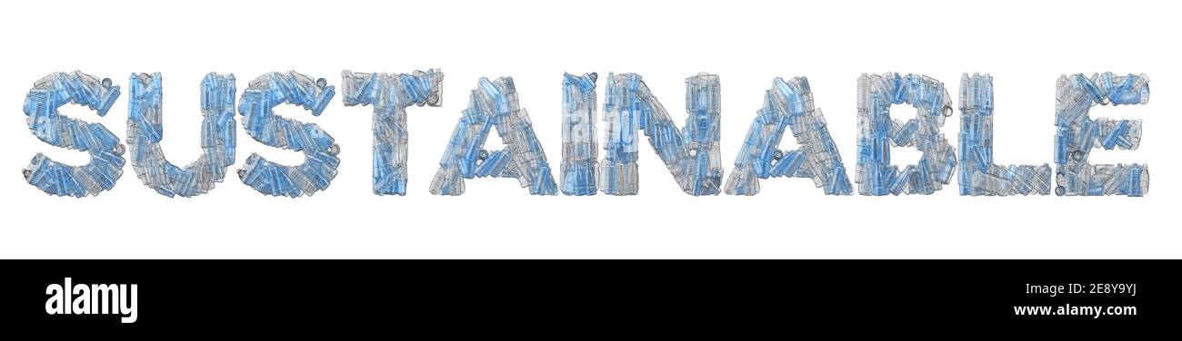 Sustainable word spelt out in empty plastic bottle font. 3D Rendering ...