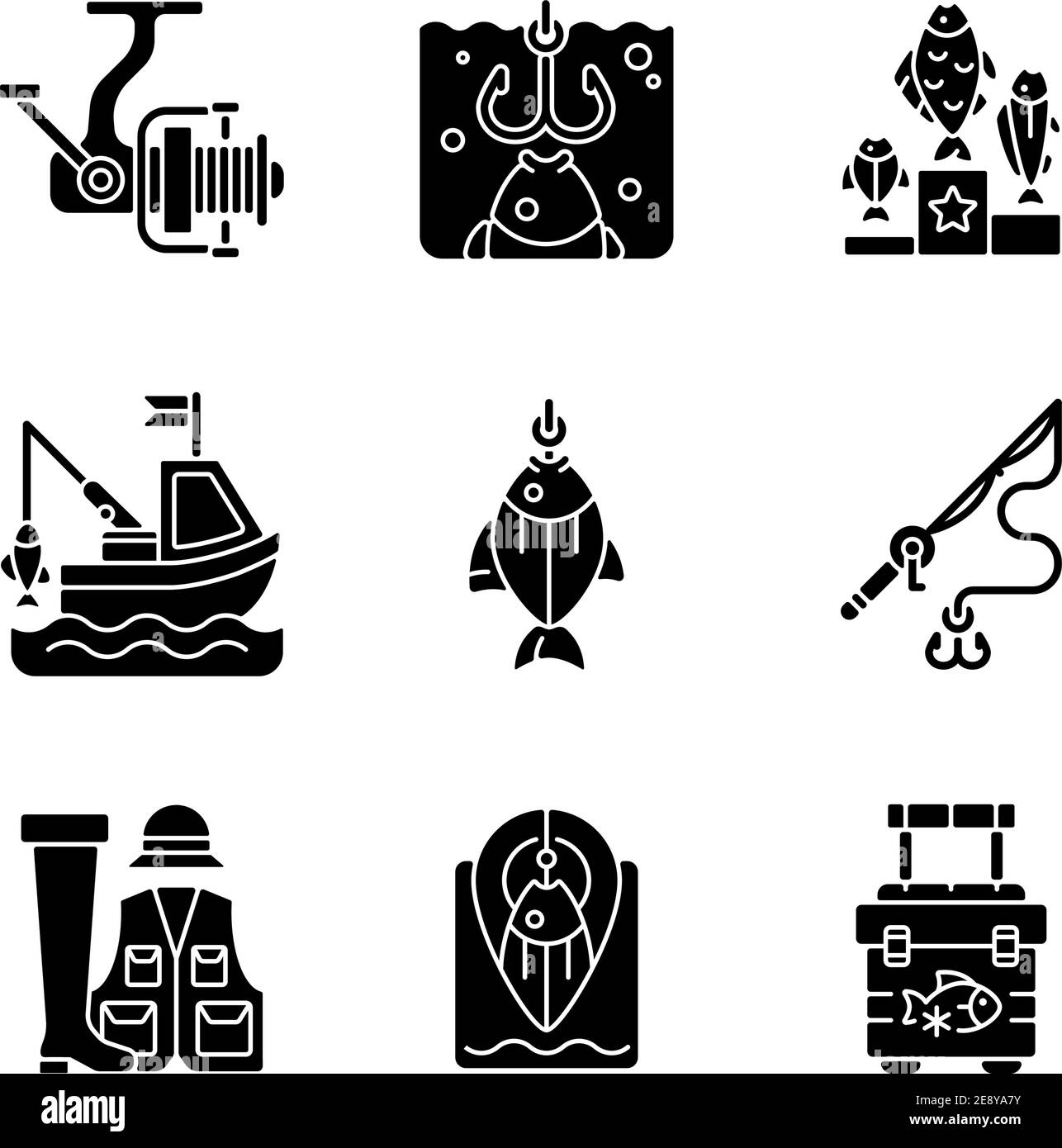 Equipment for fishing black glyph icons set on white space Stock Vector ...