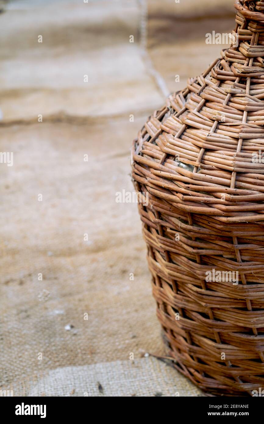 demijohn and old wood wine barrel on jute sack Stock Photo - Alamy