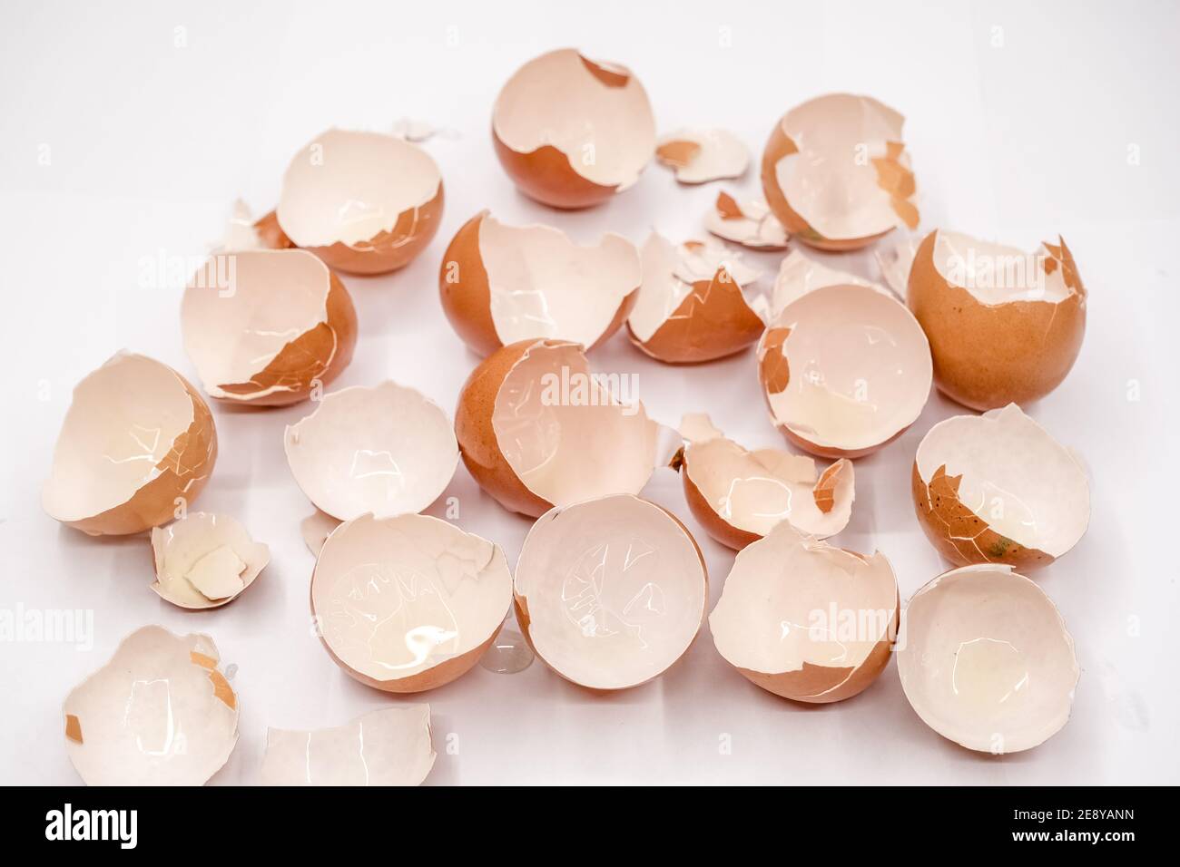 broken empty eggshells on white background Stock Photo - Alamy