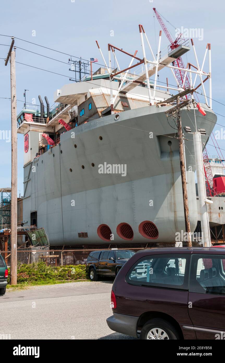 View of starboard side of a large ocean-going ship in dry dock in ...