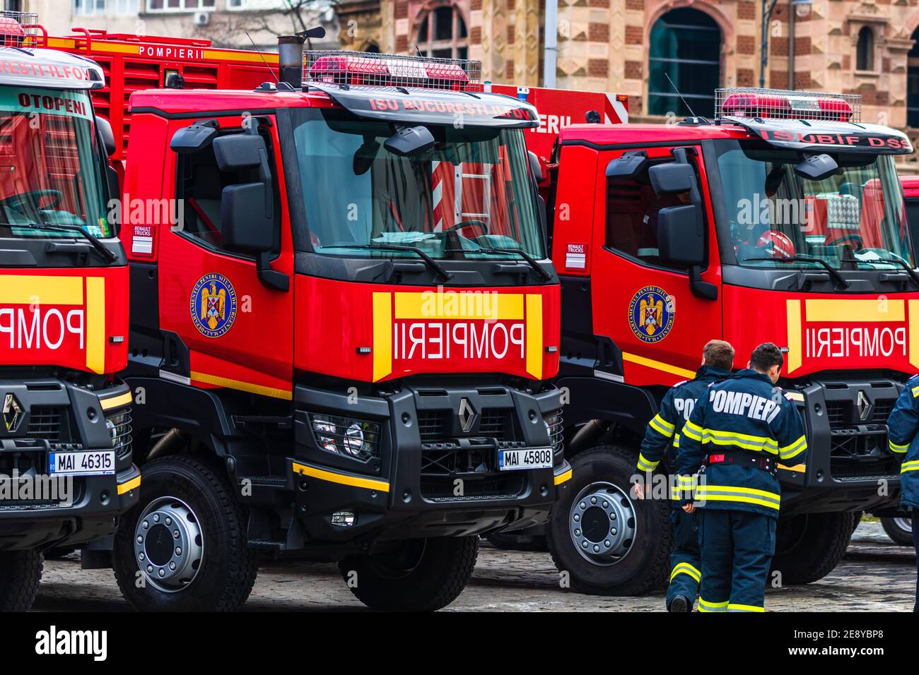 Romanian Firefighting emergency firemen (Pompierii) parked in front of ...