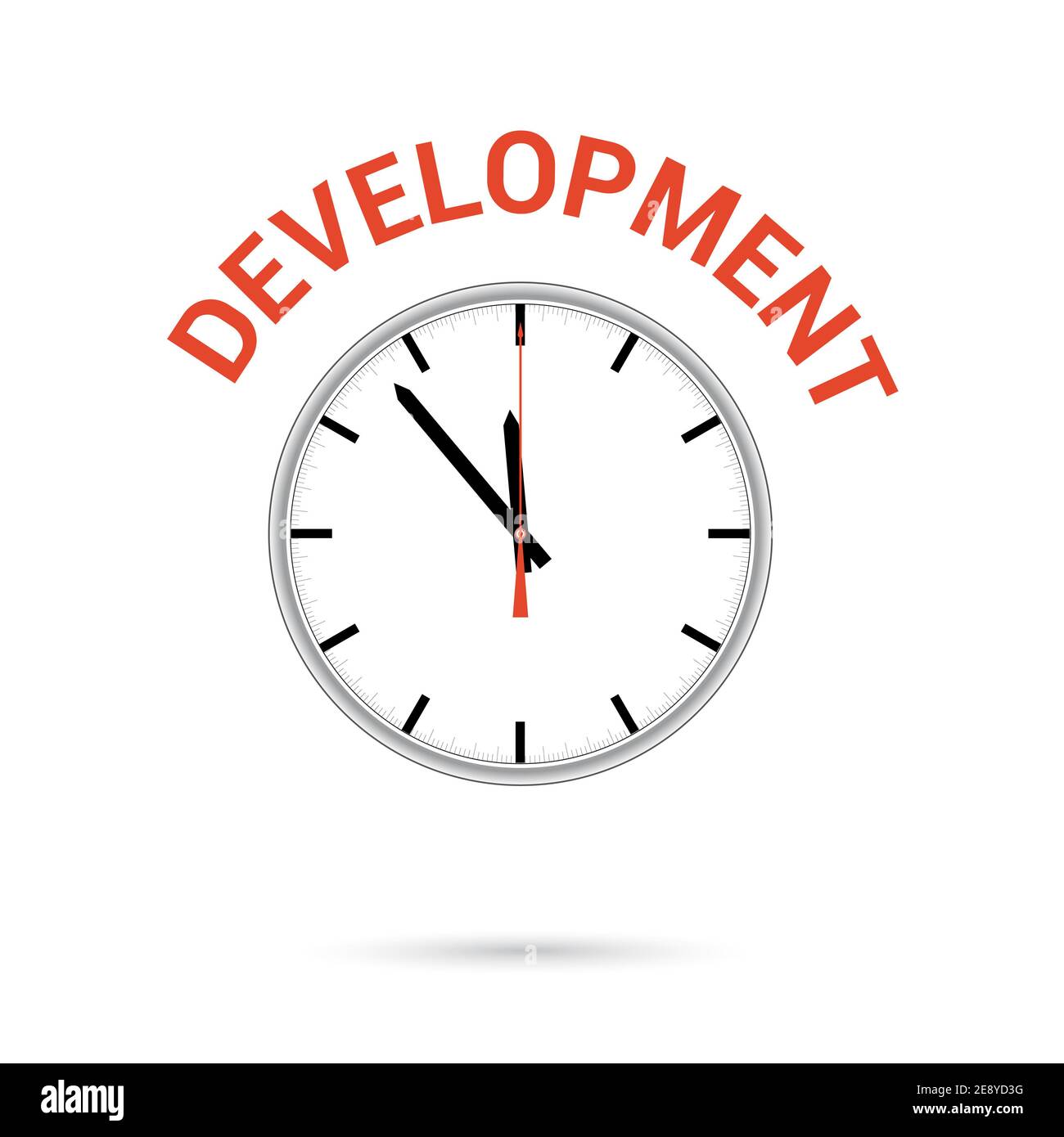 Vector illustration of clock icon. Red arrow points to word DEVELOPMENT ...