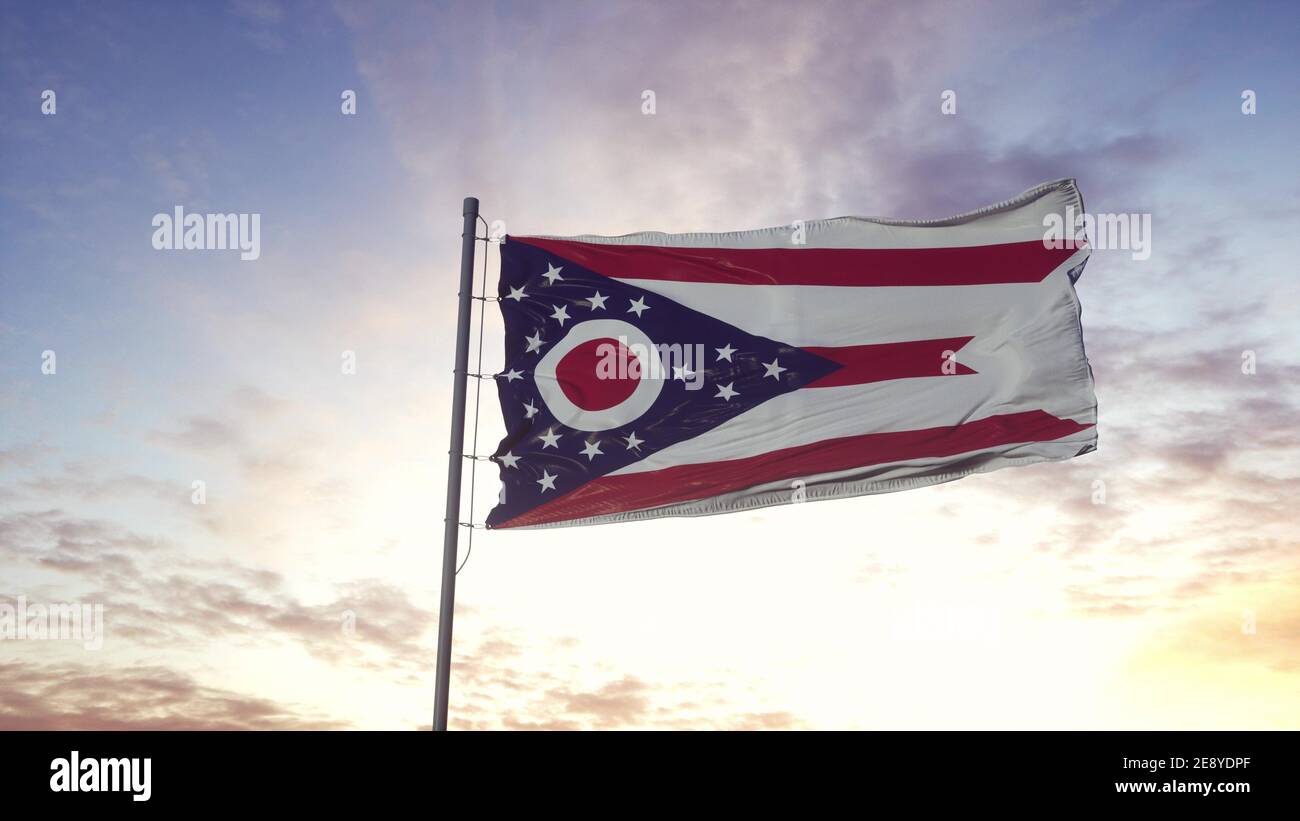 State flag of Ohio waving in the wind. Dramatic sky background. 3d ...
