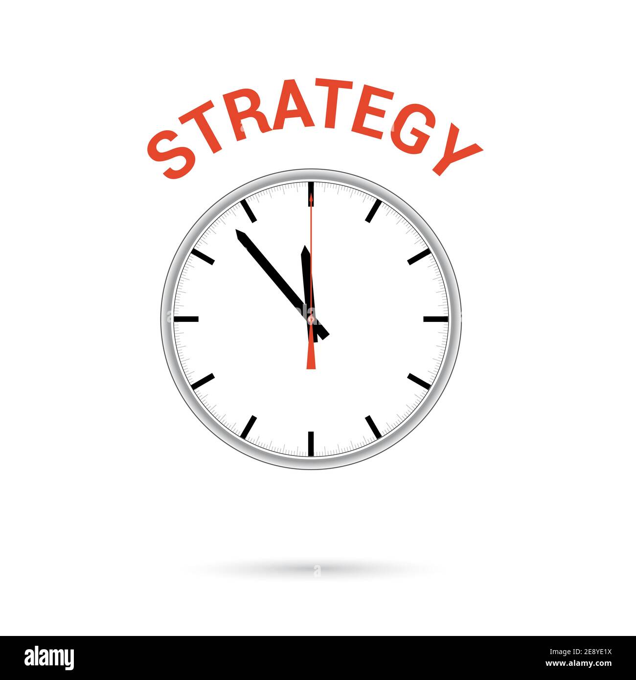 Vector illustration of clock icon. Red arrow points to word STRATEGY ...