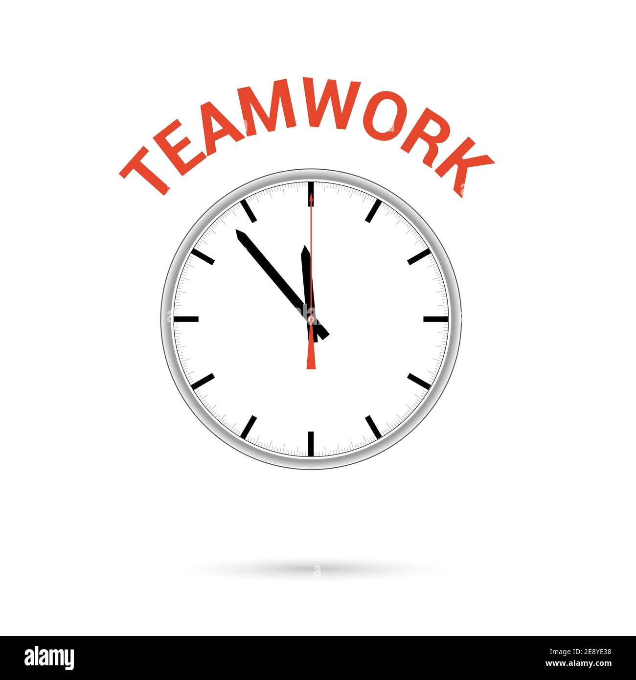 Vector illustration of clock icon. Red arrow points to word TEAMWORK ...