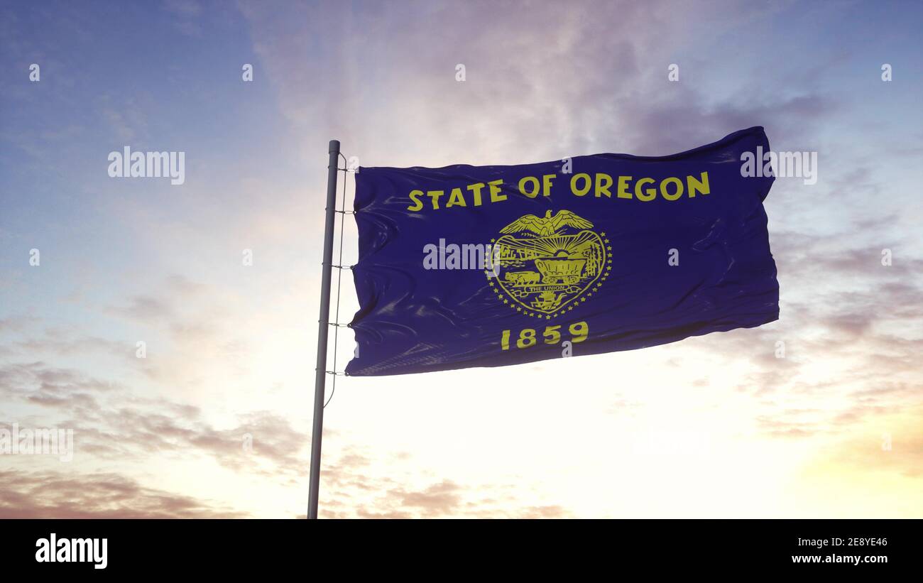 State flag of Oregon waving in the wind. Dramatic sky background. 3d ...