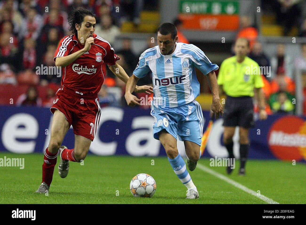 Marseille's Karim Ziani and Liverpool's Sebastian Leto battle for the ...