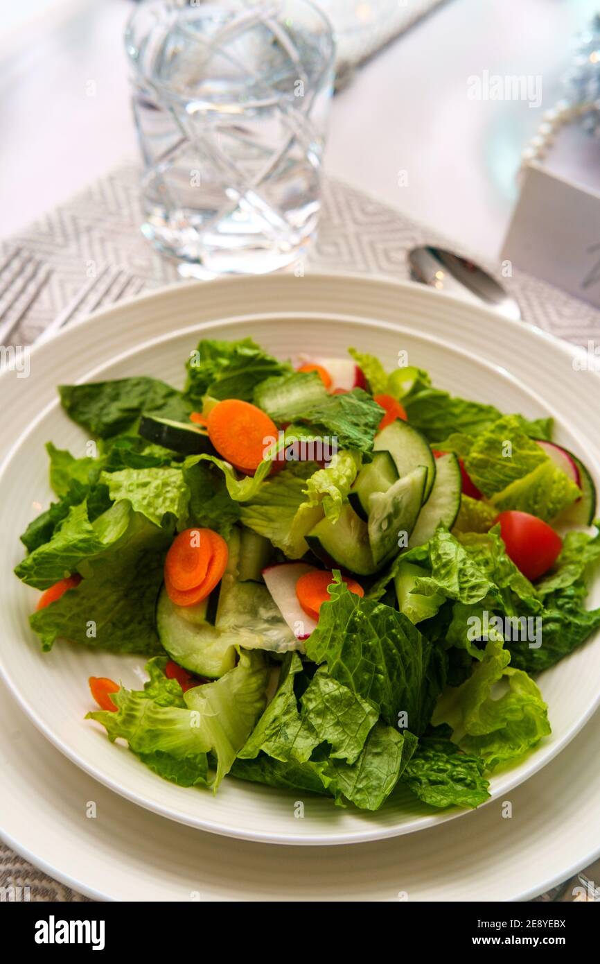 fancy gourmet restaurant dining first course garden salad table setting ...