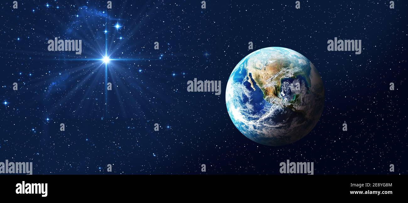 Planet Earth on dark blue night sky with bright star. Baner format ...