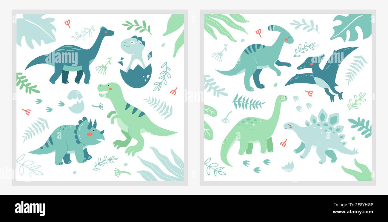 Different dinosaurs - set of flat design style illustrations with cute ...