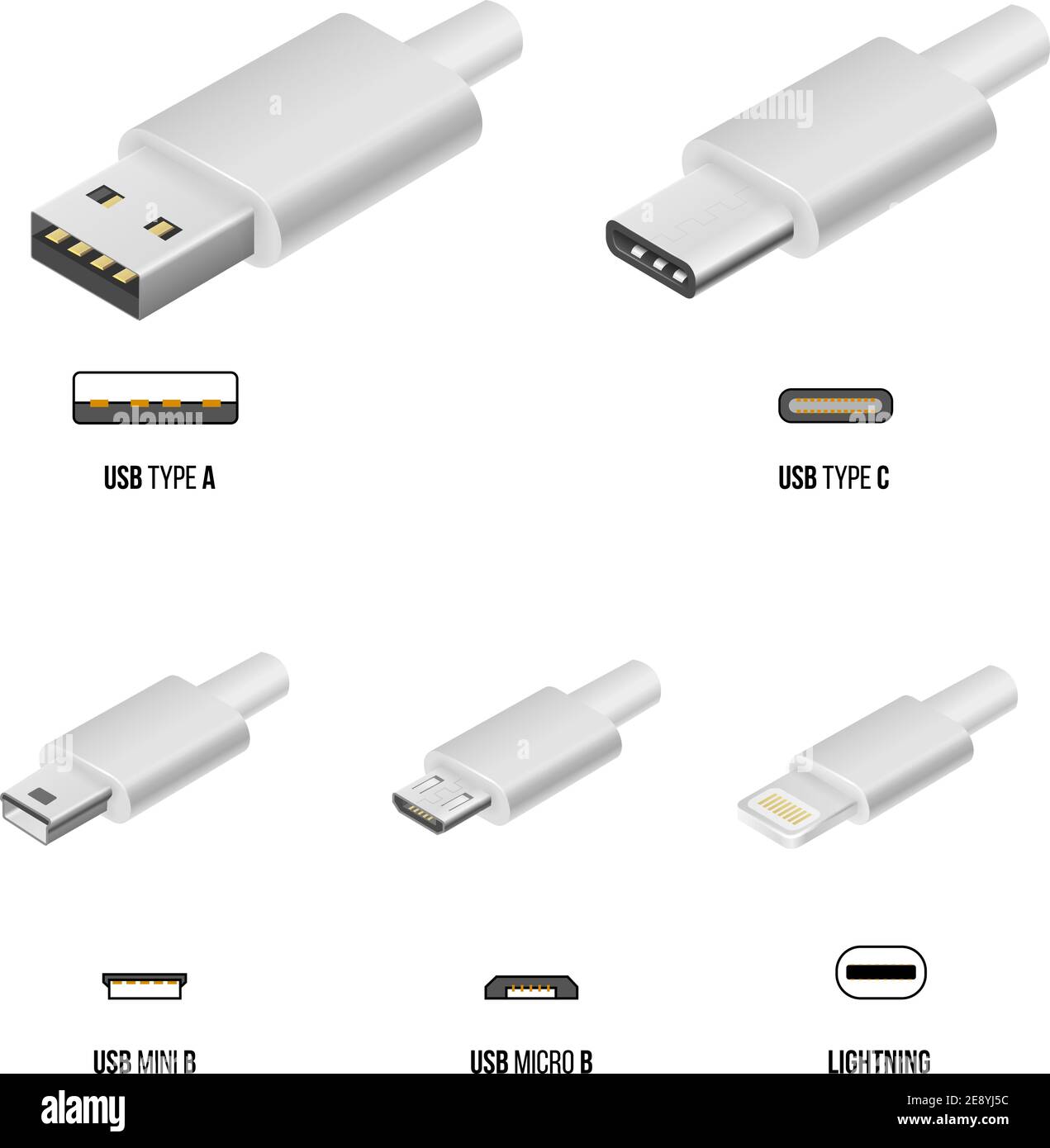 Vector USB type A, type C, micro USB and lightning white cable ...