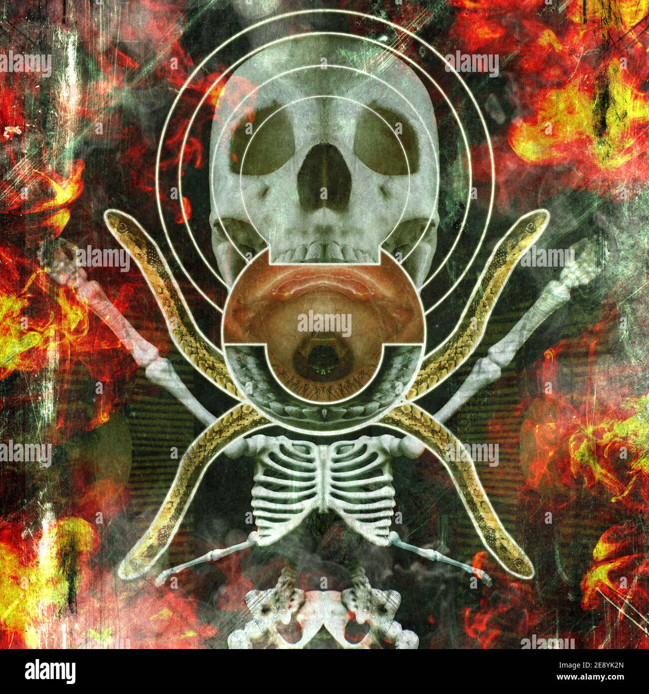 Evil skull with eye of providence snakes and fire abstract 3D ...