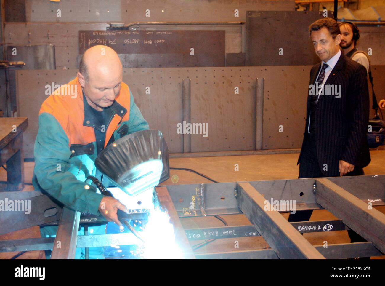 French president Nicolas Sarkozy visits Metso minerals factory in Macon ...