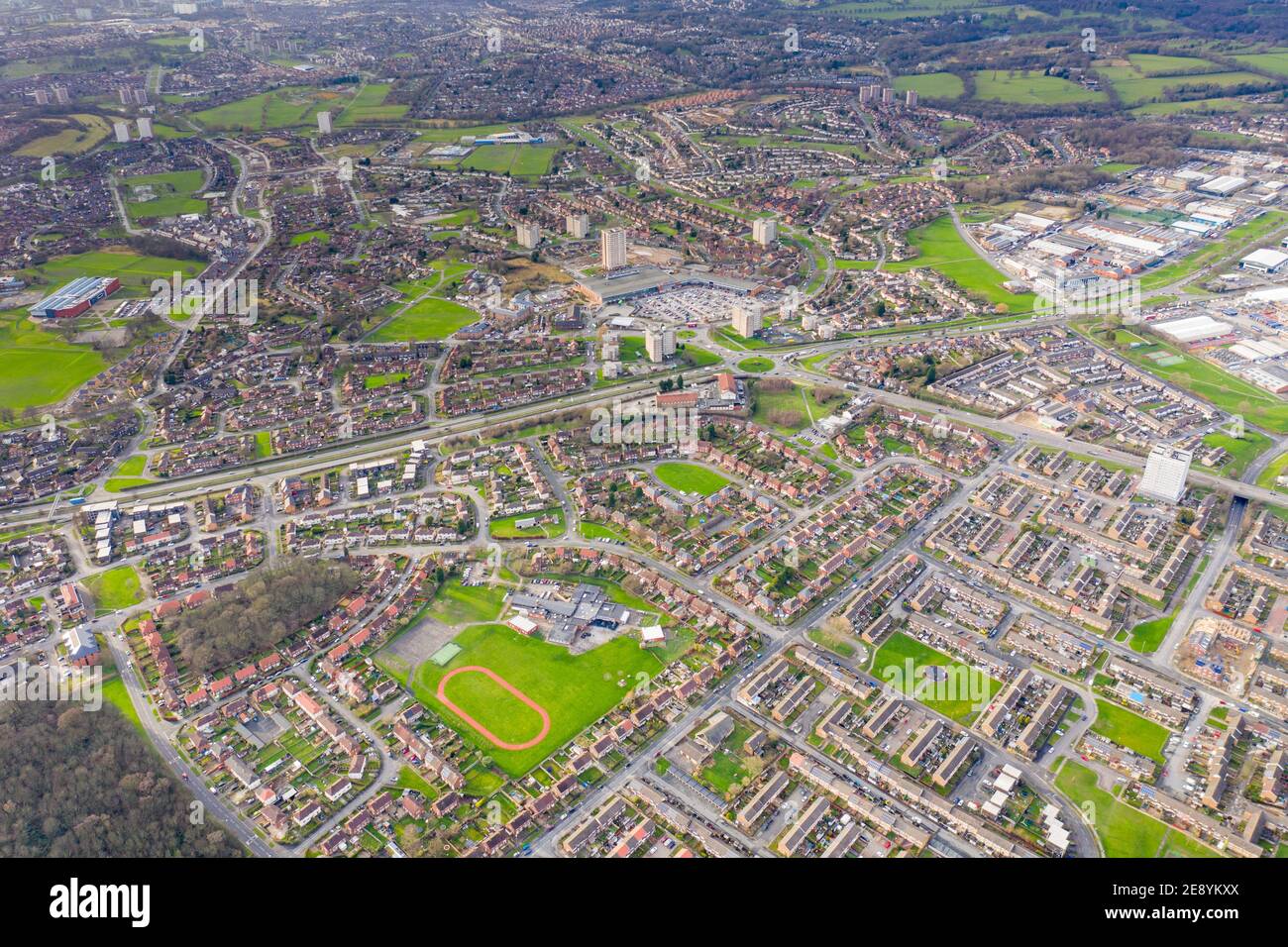Aerial photo of the housing estates and suburban area of the town of ...