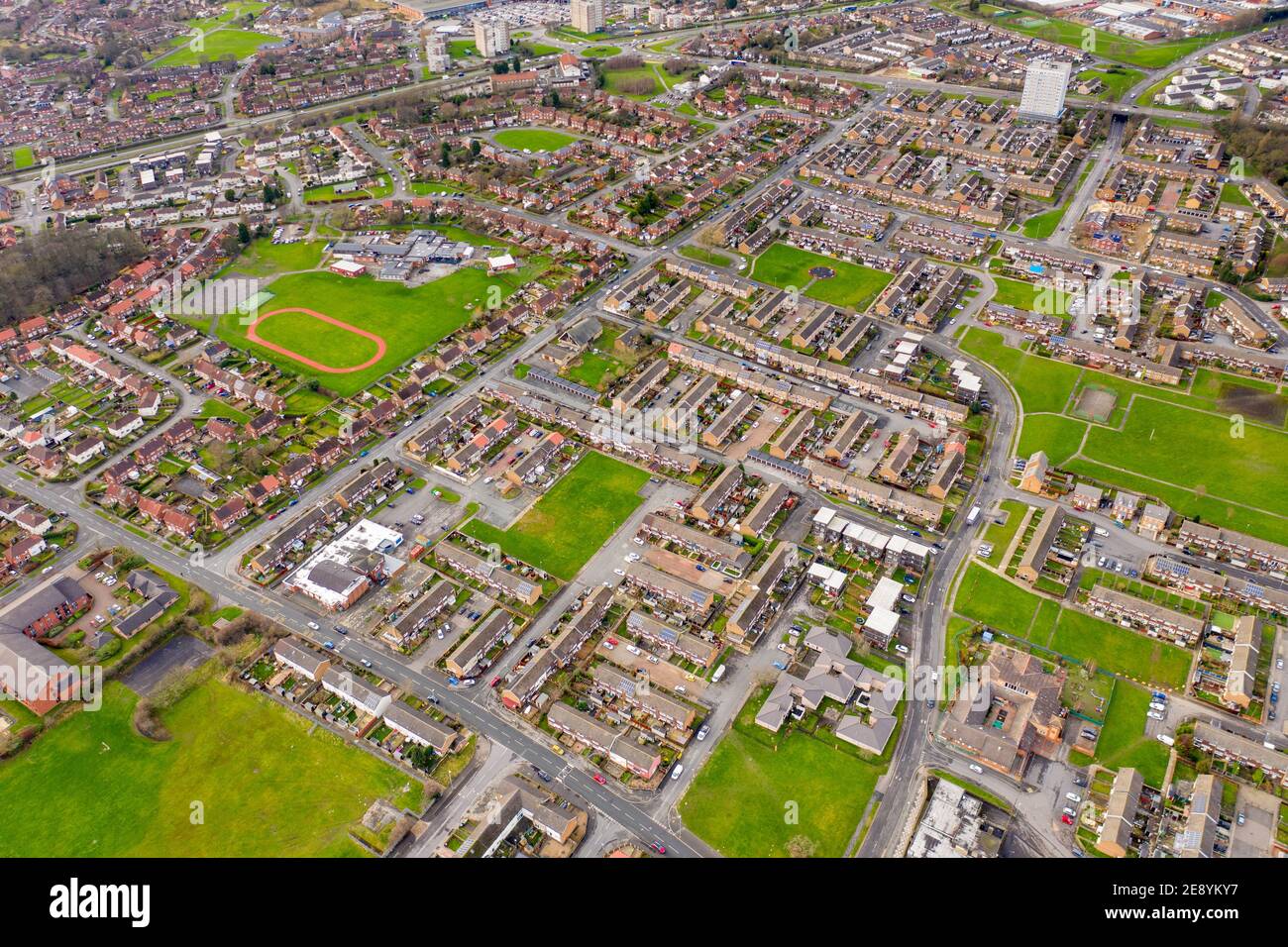 Aerial photo of the housing estates and suburban area of the town of ...